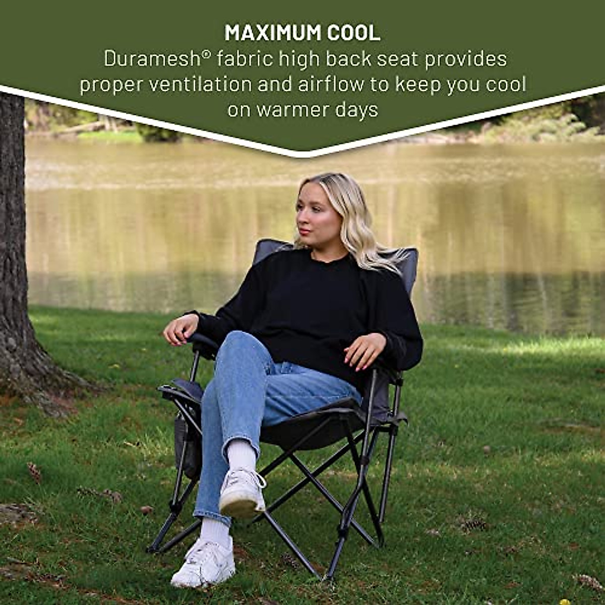 TIMBER RIDGE Folding Hot and Cold Camping Lawn Chair Removable Seat Padded Side Pocket Carry Bag Included, Supports Up to 300 LBS, Grey