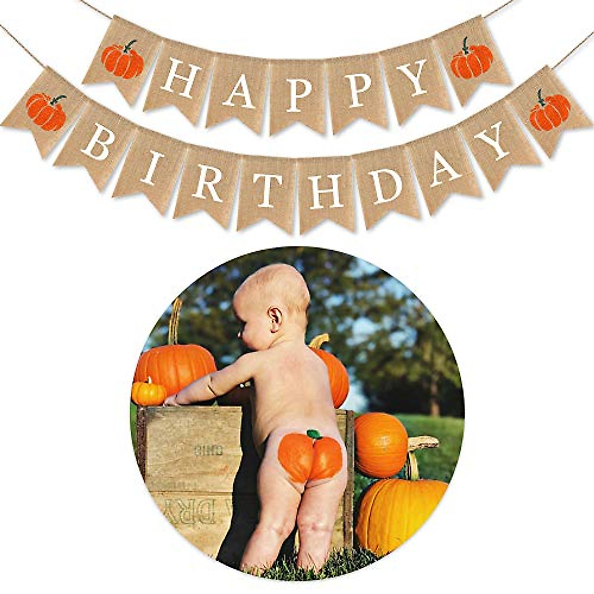 SWYOUN Burlap Happy Birthday Banner with Pumpkin Birthday Party Bunting Garland Supplies