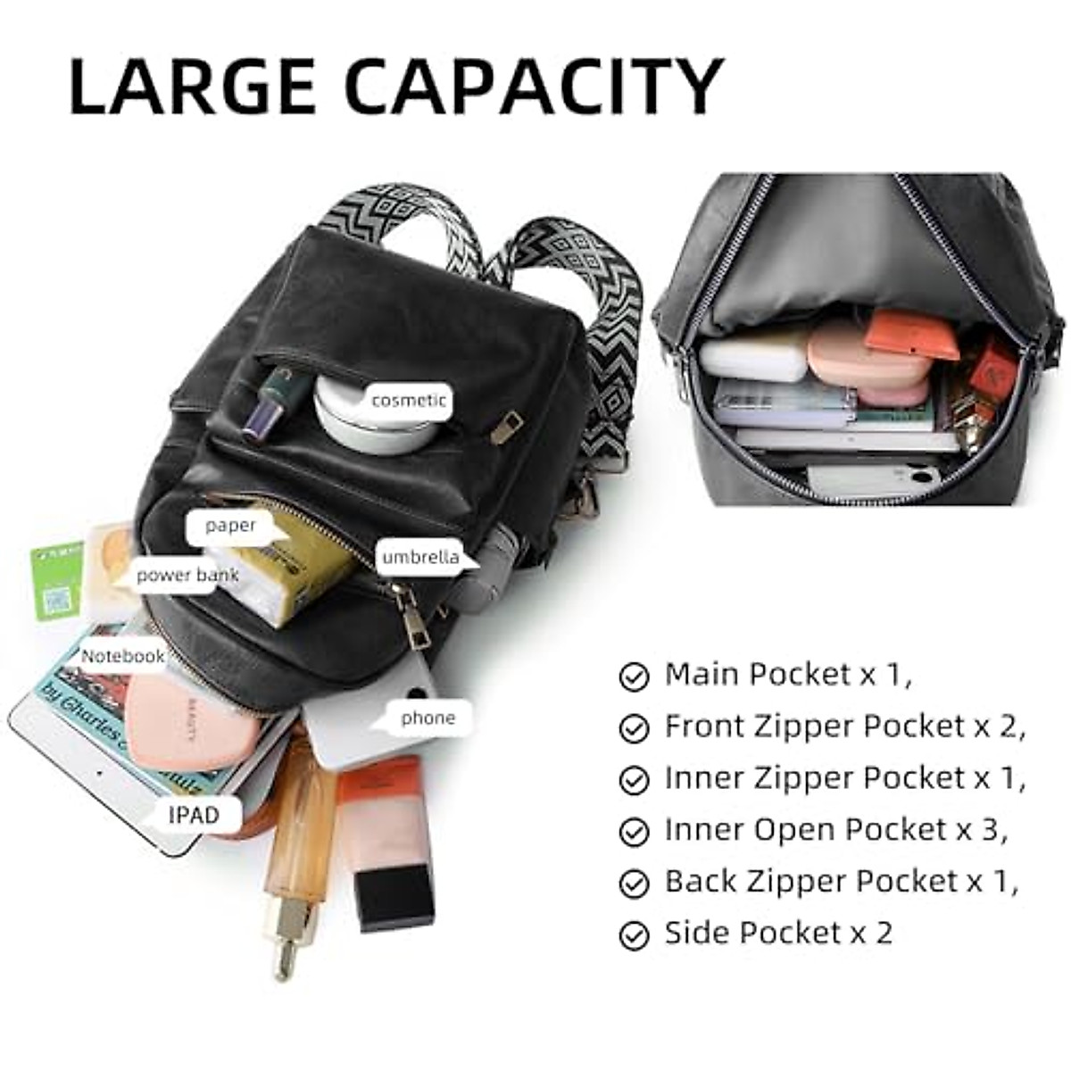 ALUSBELL Vintage Sling Bag Sling Backpack for Men Women, Vegan Leather Crossbody Bag Fanny Packs, Fashion Chest Bag Daypack with 2 Adjustable Straps,Black