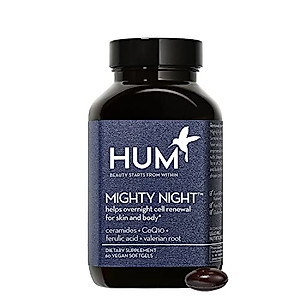 HUM Mighty Night - Nighttime Skin Supplement with Moisturizing Ceramides + Anti Aging CoQ10 and Ferulic Acid to Promote Skin Cell Turnover Overnight - Nighttime Beauty Vitamins for Women (60 Softgels)