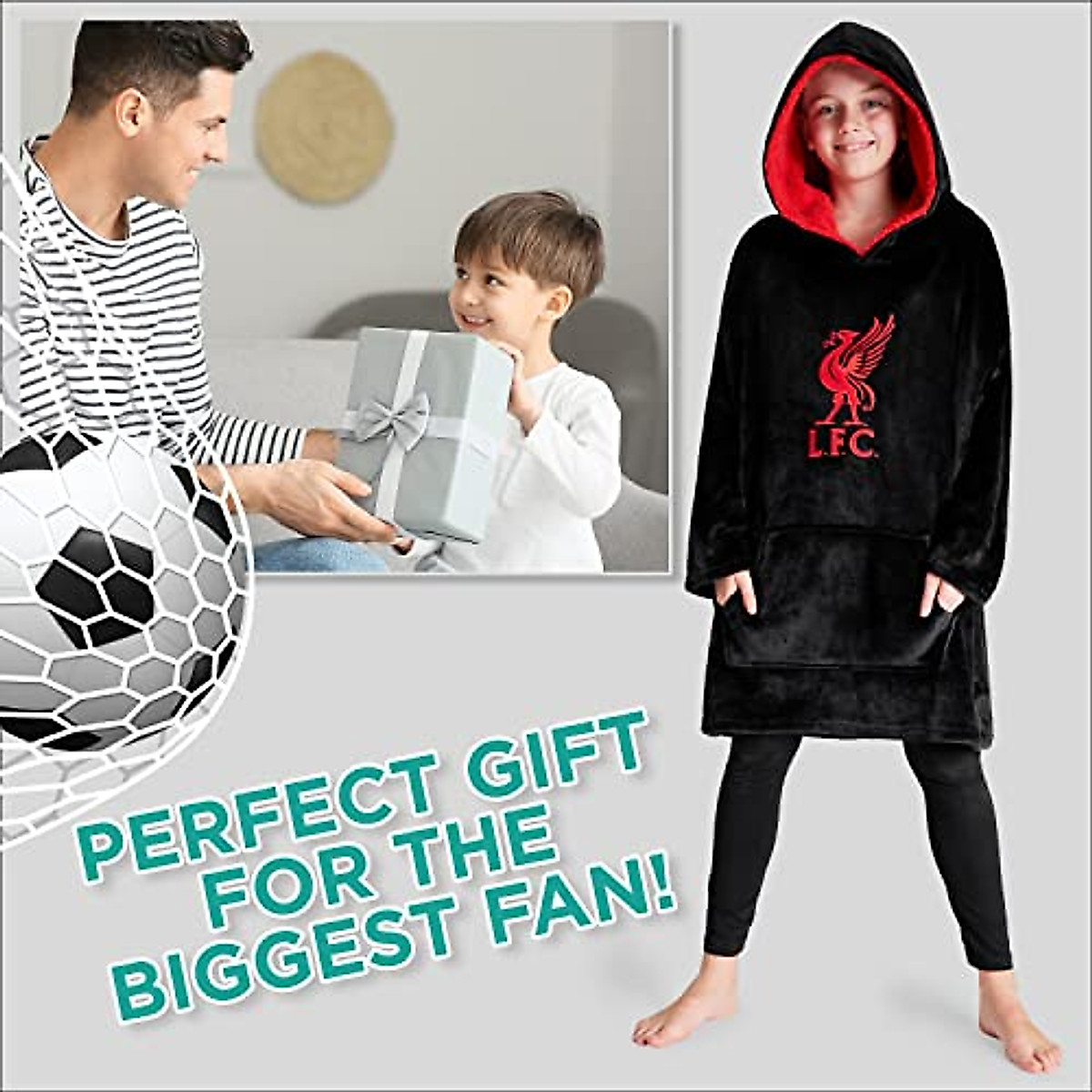 Liverpool FC Fleece Hoodie Blanket for Boys Teenagers One Size Kids Oversized Hoodie Liverpool Gifts for Boys (Black)