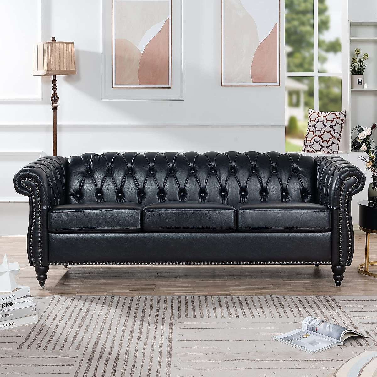 EMKK 84 inch Leather 3-Seater Sofa Couch,Rolled Arm Chesterfield Three Seater Sofá for Small Spaces, Bedroom, Living Room,Black