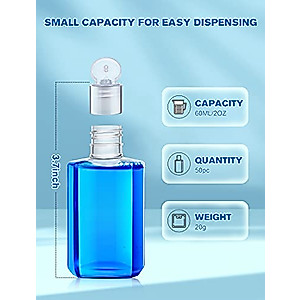 OceanTeda 2oz Empty Hand Sanitizer Travel Size Bottles 50pcs, Plastic Mini Clear Refillable Flip-Top for Hand Sanitizer Shampoo Baby Shower Containers