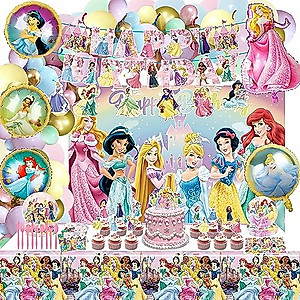 251 Pcs Princess Birthday Decorations, Princess Birthday Party Supplies Include Happy Birthday Banner, Hanging Swirls, Cake Topper, Cupcake Toppers, Backdop, Tablecloth, Balloons, Stickers, Princess Plates, Napkins, Knife, Fork and Spoon for Princess Birt