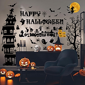 125Pcs Halloween Wall Decals, Large Size Ancient Castle Tall Tree Halloween Home Wall Horror Wall Decals with Happy Halloween, Wall Pumpkin Spooky Decorations Party Supplies DIY Wall Art Indoor Decor