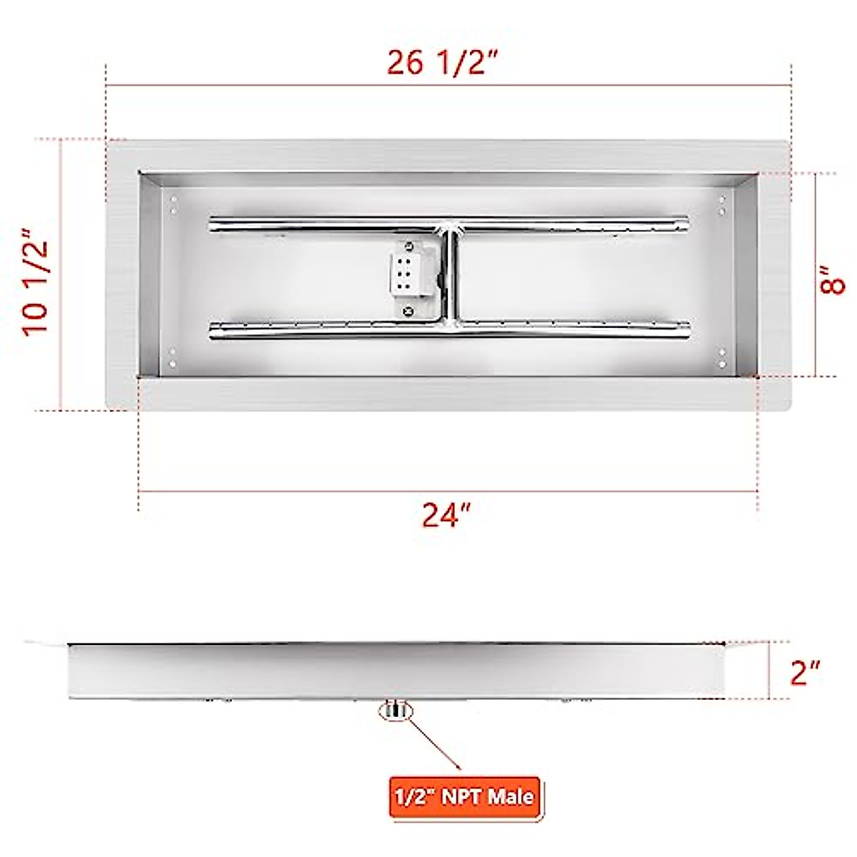 QuliMetal 24" x 8" Drop-in Fire Pit Pan with Spark Ignition Kit - Natural & Propane Gas Rectangular 304 Stainless Steel Fire Pit Burner Kit for Indoor & Outdoor, Rated for up to 150K BTU