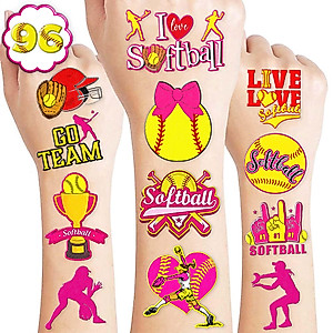 8 Sheets (96PCS) Softball Temporary Tattoos Sports Themed Birthday Party Decorations Favors Supplies Decor Stickers For Girls Boys Kids Gifts Classroom School Prizes Rewards