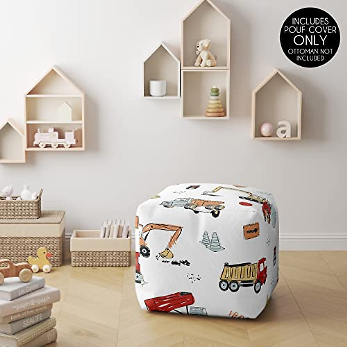 Sweet Jojo Designs Red Blue Construction Truck Boy Ottoman Pouf Cover Unstuffed Poof Floor Footstool Square Cube Pouffe Storage Baby Nursery Kids Room Transportation Tractor Grey Yellow Black White