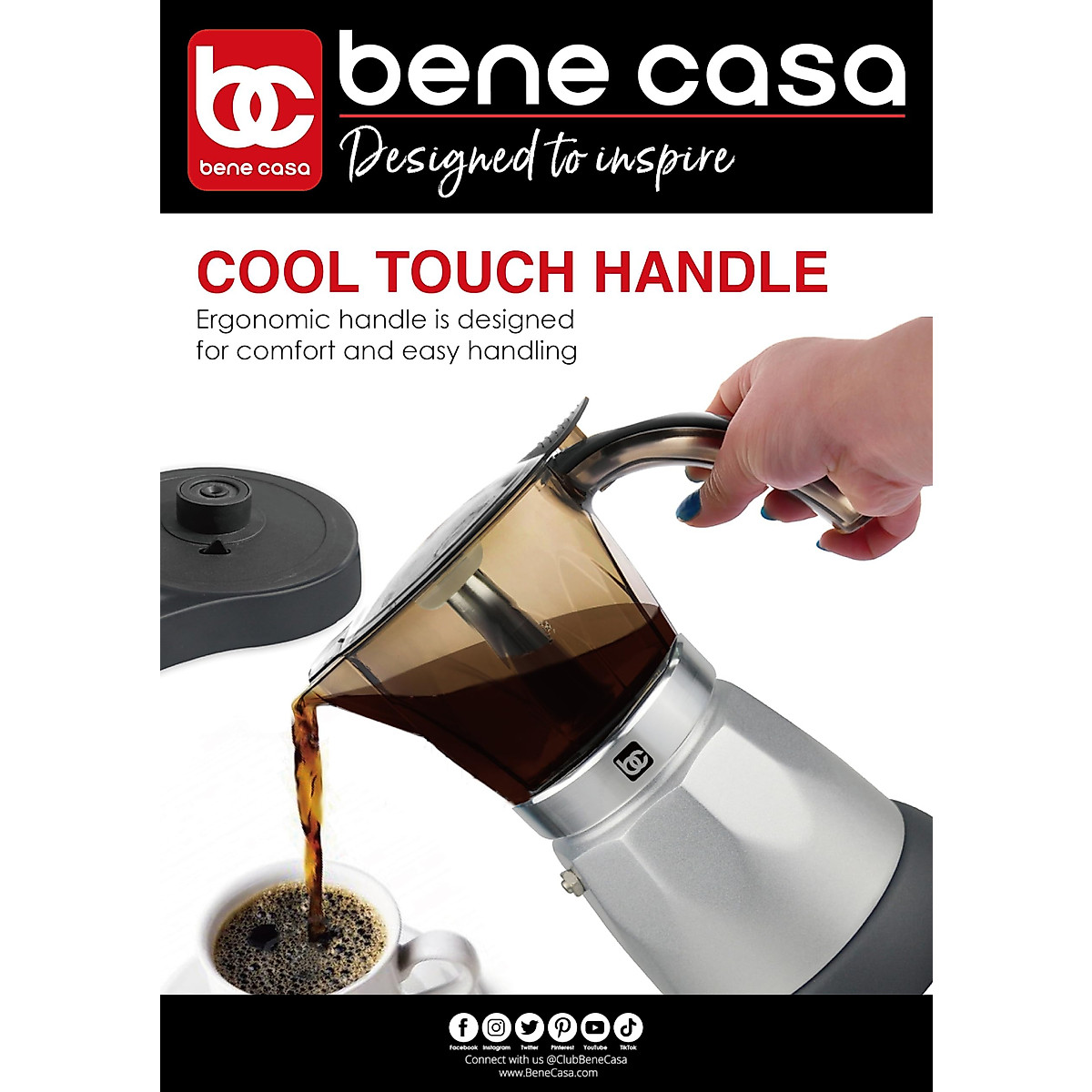 Bene Casa Espresso Coffe Maker, 6 Cup,Electric Maker Portable Cafetera Electrica| Trasparent Carefa, De 6 Tasas, Para Cafe' Espresso,Baso Trasparente.