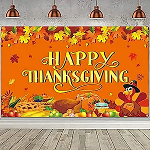 PTFNY Happy Thanksgiving Backdrop Banner 73 x 43 Inch Large Thanksgiving Day Background Banner Maple Leaves Pumpkin Turkey Party Banner Thanksgiving Decorations Photo Booth Props