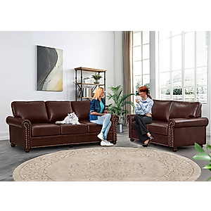 2 Piece Faux Leather Sofa Set,Modern Couch and Loveseat Sets with Storage,Mid Century Couch with Rivet Rolled Arm,Comfy Deep Seat Couch,Furniture for Living Room,Office(Loveseat+3 Seater,Burgundy)