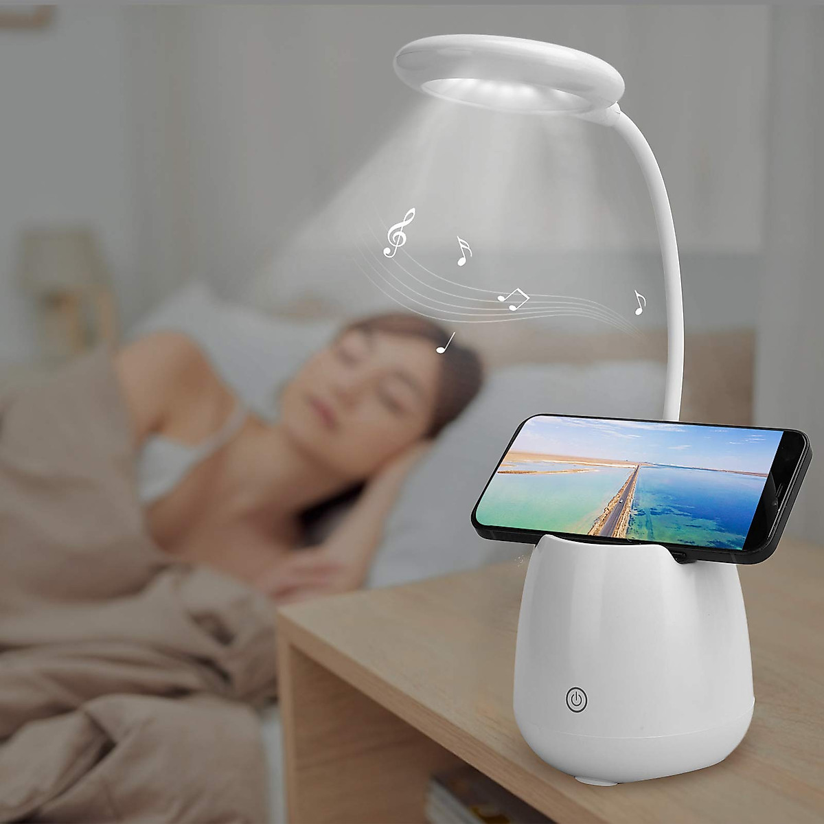Sutinna Multifunctional LED Table Lamps, Bluetooth Speaker Touch Control Desk Light Phone Stand, Dimmable Office Desk Lamp with USB Charging Port(White)