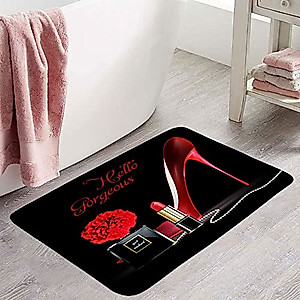 Red High Heels Bath Mat Hello Gorgeous Lipstick Perfume Flower Fashion Makeup Woman Girls Valentine's Day Black Background Microfiber Memory Foam Bathroom Rug Doormat Kitchen Toilet Floor Rug