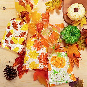 Whaline 150 Pcs Fall Cellophane Bags Maple Leaves Cello Bag 3 Styles Autumn Goodie Treat Bags with Gold Twist Tie Plastic Pumpkin Candy Gift Bag for Thanksgiving Halloween Party Favor Supplies