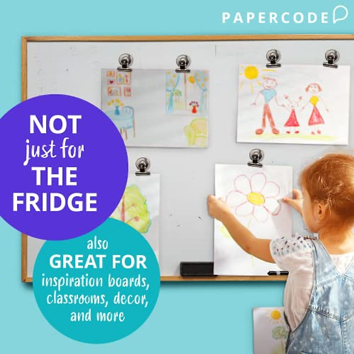 Papercode Magnetic Clips for Whiteboard & Fridge - 12 Pack Scratch-Free Refrigerator Magnet Clips Heavy Duty for Organizing & Decorating Kitchen or Office with Free Notepad