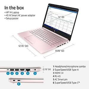HP 2023 14-inch HD Laptop, Intel Celeron N4120, 16GB RAM, 64GB Storage, Win 11 H in S Mode, One Year of Microsoft 365, Pink