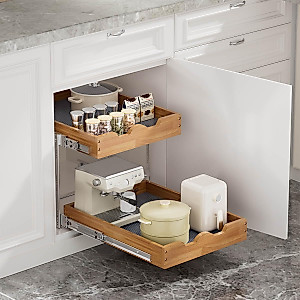 OCG 2 Tier Pull Out Cabinet Organizer (20" W x 21" D), Heavy-Duty Slide out Wood Drawer Shelf, Pull Out Drawer for Cabinets, Base Cabinet Organization for Kitchen, Pantry, Bathroom