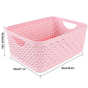 STARVAST 5 Pack Plastic Storage Baskets, Portable Pink Fish Scale Pattern Hollow Desktop Storage Bin Box with Handle for Kitchen, Bathroom, Kids Room or Nursery Storage – 9.4 x 7.1 x 4.1 inches