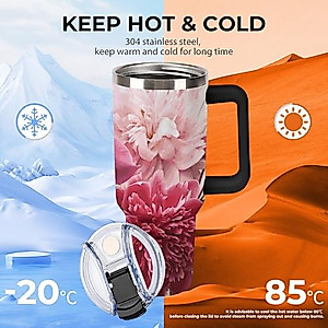 Botanical Floral Insulated Stainless Steel Travel Mug, 40 Oz Tumbler with Handle And Straw Double-Wall Vacuum Coffee Cup, Leak-Proof Lid, Keeps Drinks Hot/Cold for Hours