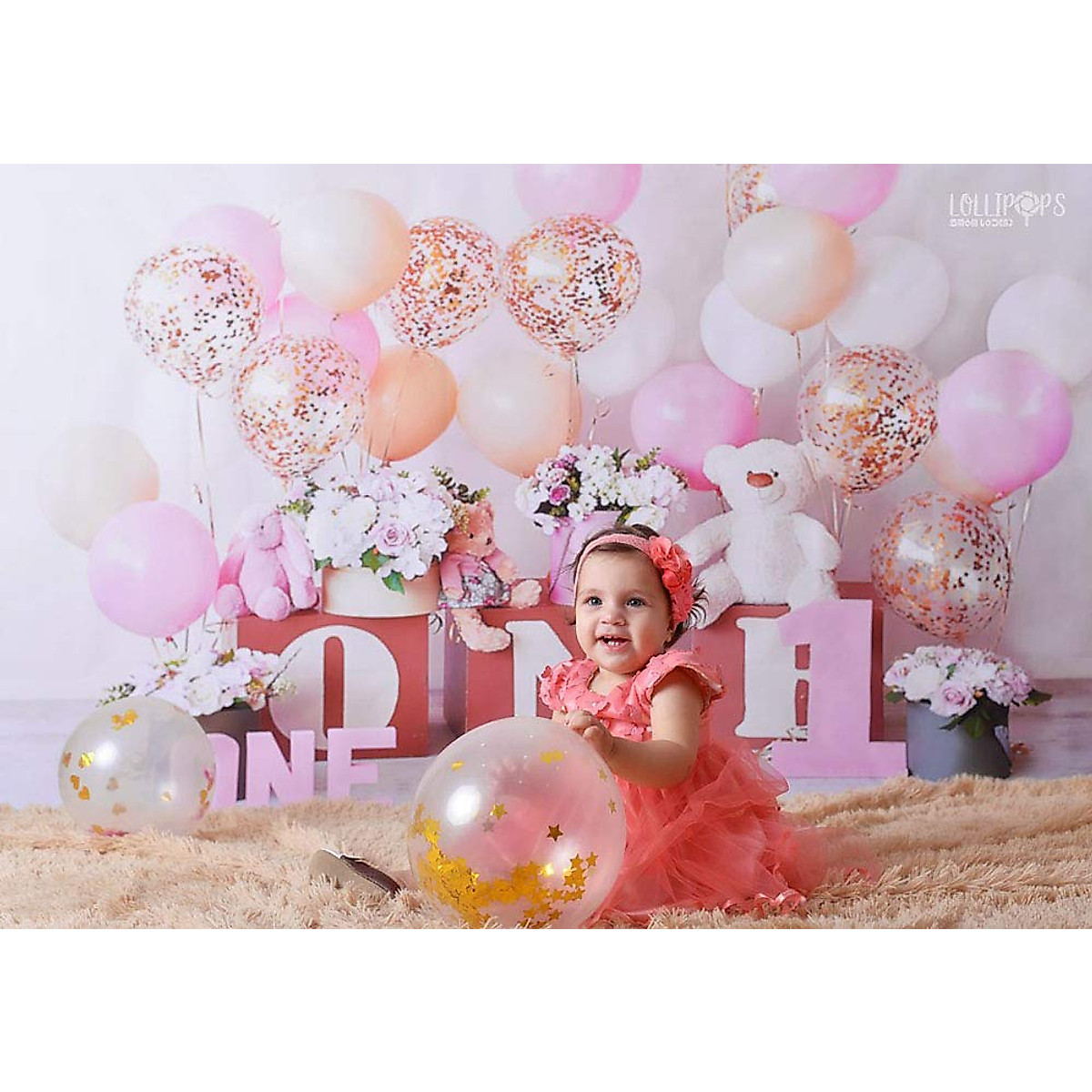 MEHOFOND 7x5ft Pink Gold Balloon First Birthday Party Backdrops for Baby Girl Sweet One Floral Photography Background Portrait Photo Studio Decoration Photo Banner Props for Cake Smash