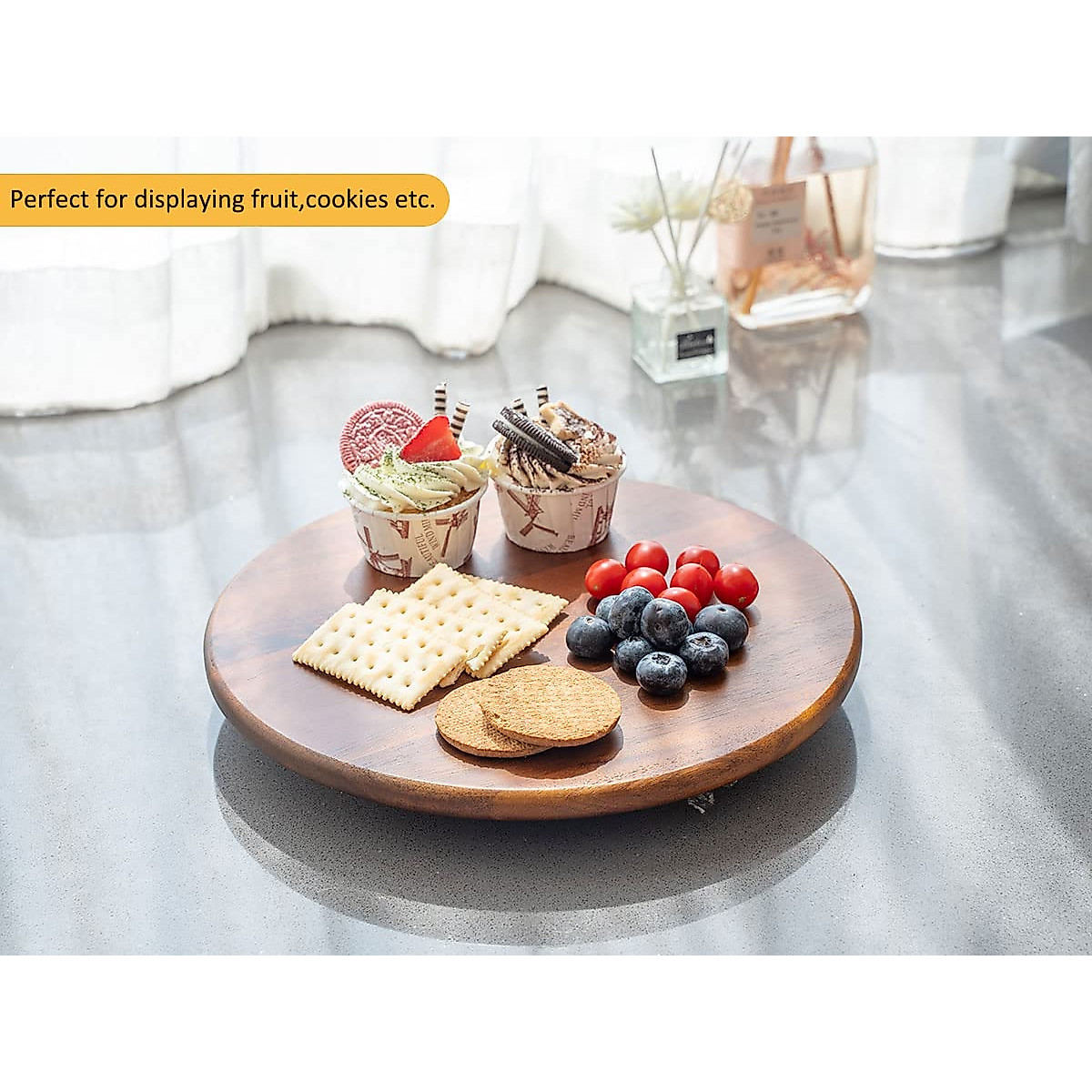 WLWNWFT 12 Inch Rotating Cake Turntable, Acacia Wood Cake Display Stand Cookie Turntable for Dessert Table Decorating Cupcake Stand Wedding Cake Stand Rustic …