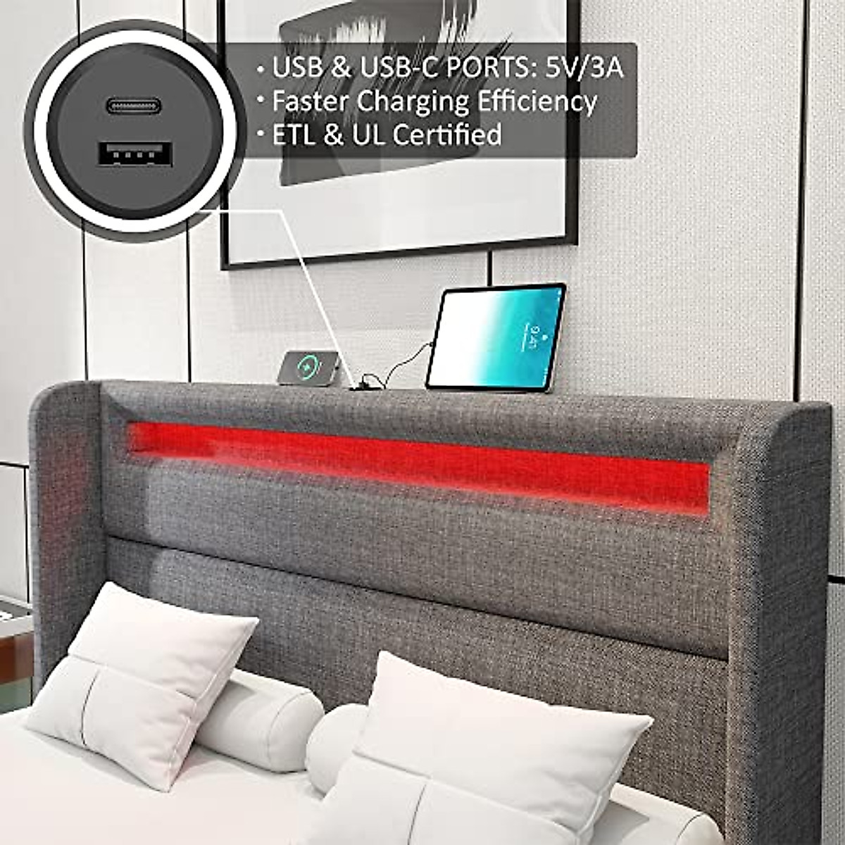 AMERLIFE King Bed Frame with RGBW LED Lights Headboard & 4 Storage Drawers, Upholstered Smart Platform Bed with USB & USB-C Ports, Box Spring Optional, Light Grey