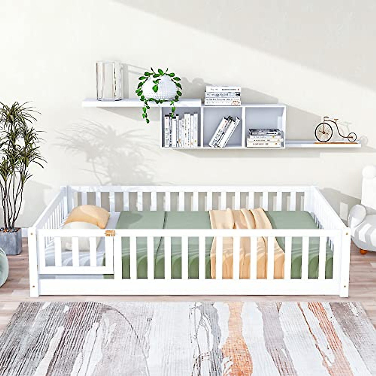 Full Floor Bed for Kids, Montessori Bed Frame with Fence-Shaped Guardrails, Support Slats and Door, Wood Floor Full Bed for Kids,Toddler,Boys Girls, No Box Spring Needed(White, Full Bed Frame)