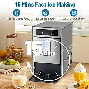 ARLIME Nugget Ice Maker, Countertop Ice Maker with 2.3L Water Tank, 4FT Water Inlet Pipe, Manual & Auto Water Refill, Ice Maker Machine w/Ice Scoop & Water Tray, Ice Machine for Kitchen, Home, Bars