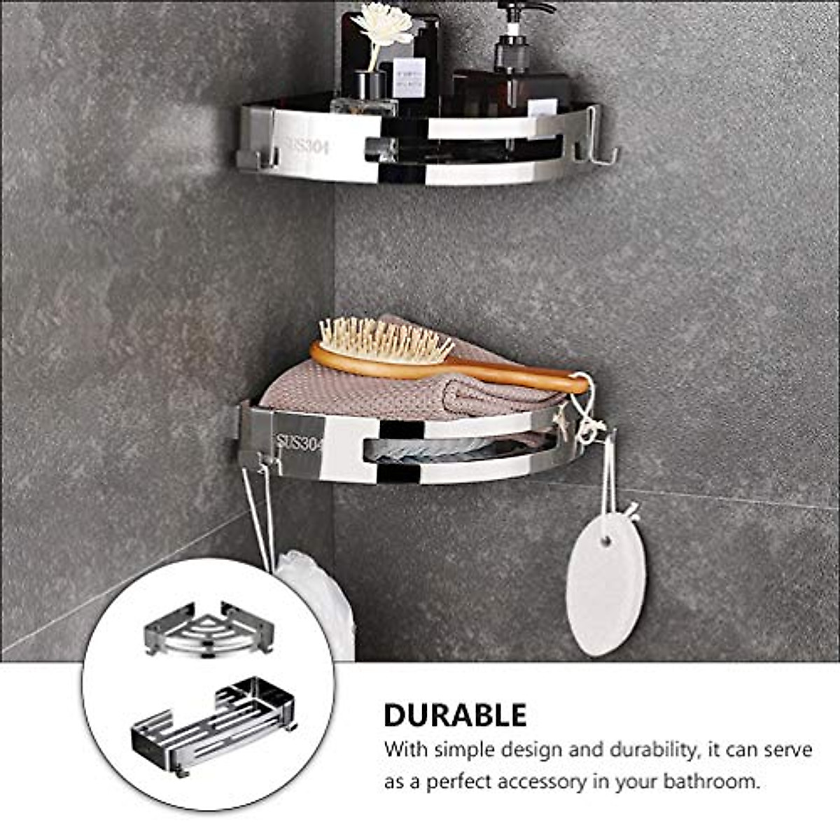 DOITOOL 2pcs Bathroom Storage Rack with Hooks Decorative Stainless Steel Wall Mounted Punch Free Floating Shelf Holder for Bathroom Kitchen Silver 30X22cm