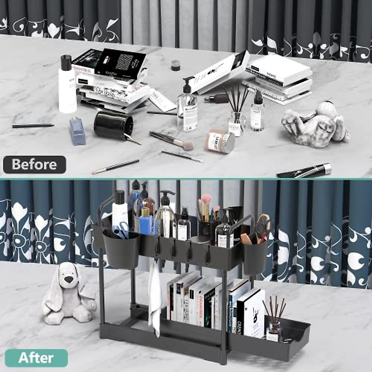 Warmodern 2 Pack Under Sliding Cabinet Basket Organizer, 2 Tier Bathroom Organizer Under Sink, Kitchen Cabinet Organizers Baskets with 8 Hooks and 4 Hanging Cups, Under Sink Storage for Bathroom