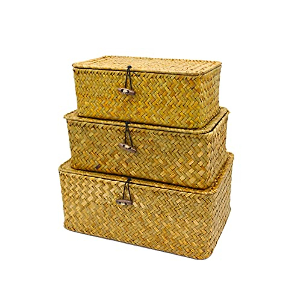 Handwoven Seagrass Storage Bins Box with Lids, Rectangular Wicker Basket Storage Basket, Shelf Baskets Set of 3