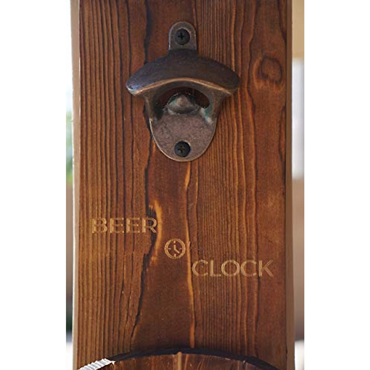 Thirsty Solutions - “Beer O’ Clock” Rustic Wall Mounted Bottle Opener and Catcher - Dark Stain Pine with Zinc Alloy Opener - Removable Wooden Bucket - Man (or Woman) Cave Ready