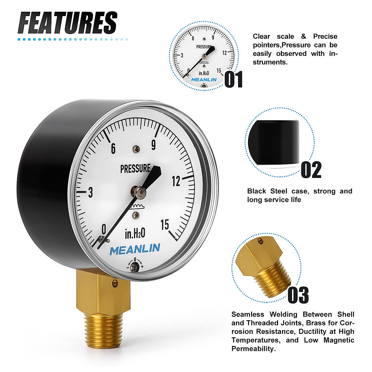 MEANLIN MEASURE 0-15 in H2O Diaphragm Type Capsule Low Pressure Gauge 1/4" NPT 2-1/4" FACE DIAL Adjustable Water Column Gauge, with 1/4" x 1/2" NPT and 1/4" x 3/8" NPT Hex Bushing, Lower Mount