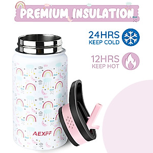 AEXPF Insulated Kids Water Bottle with Sleeve, 14 oz Double Wall Vacuum Stainless Steel Leakproof Thermos Water Bottle, Rainbow Pattern and Planet Pattern