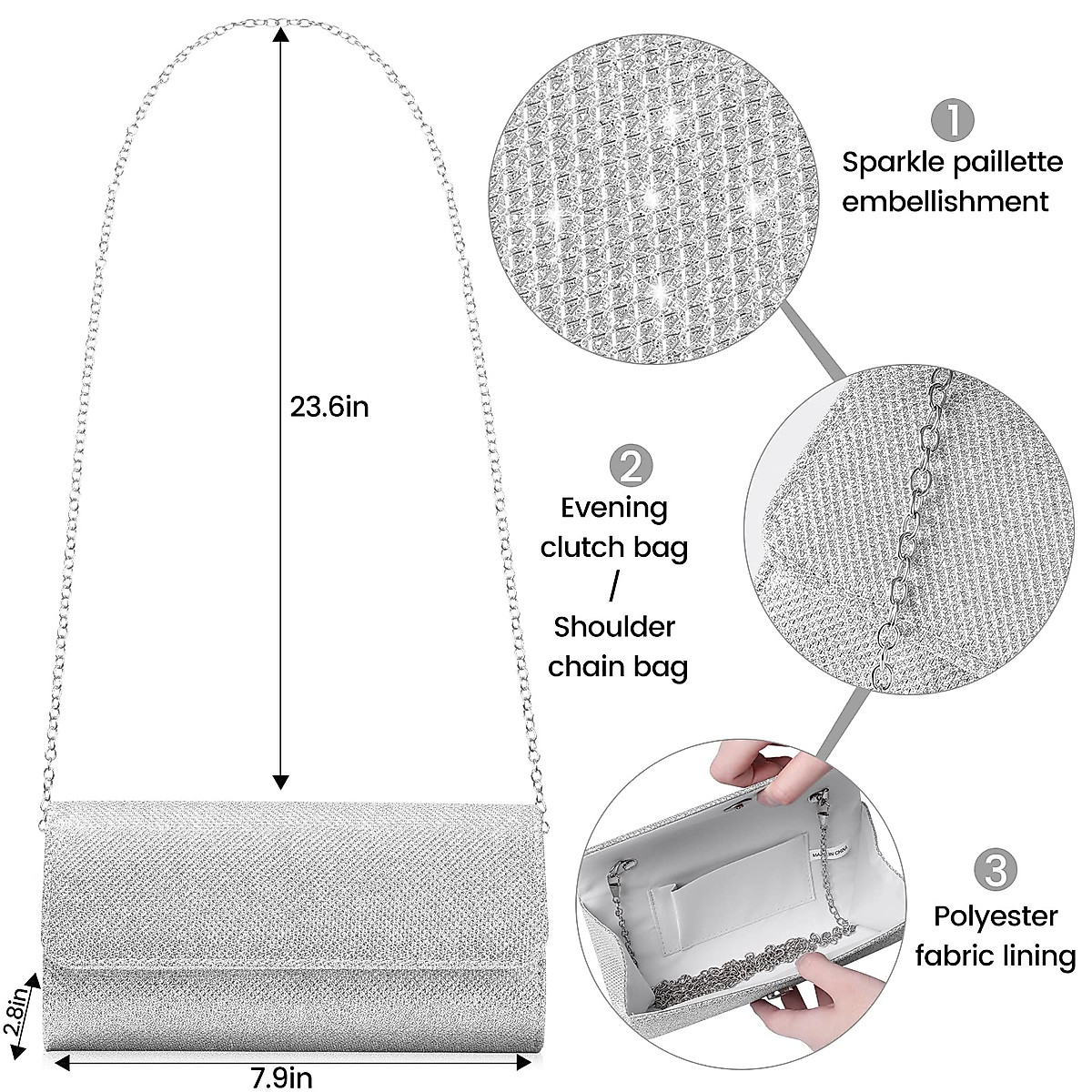 Rdanruy Women Crystal Jewelry Set,Glitter Rhinestone Stretch Bracelet Necklace Dangle Fringe Earrings with Evening Bag for Wedding Party