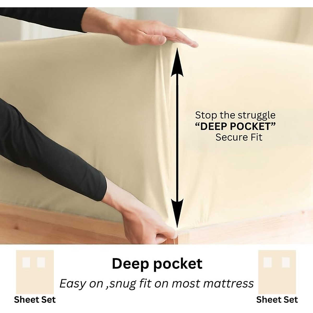 4 Piece Premium Sheet Set Cotton Queen, 100% Egyptian Cotton, 400 Thread Count, 15 Inch Deep Pocket of Cotton Sheets, Ivory Solid