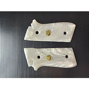 BMPL New Grips Compatible with Taurus Pt-92, Pt-99, Pt100, Pt101 Decocker, Smooth White Pearl Resin Polyester,Gold Medallion, Thai Handmade