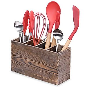 WuGeShop Rustic Utensil Caddy, 4 Adjustable Compartments Wooden Silverware Caddy, Upgraded Version kitchen Utensil Holders for Countertop