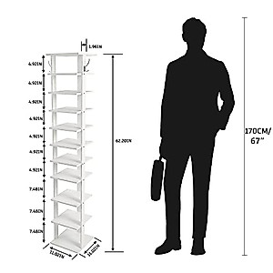HOMEFORT 10-Tier Vertical Shoe Rack, Corner Shoe Tower, Slim Shoe Organizer with Two Hanging Hooks, Wooden Shoe Storage Stand for Entryway, Hallway, Closet (White)