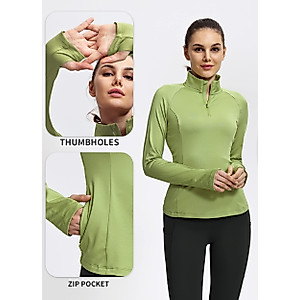 Hiverlay Women's Thermal Fleece Half Zip Thumbholes Long Sleeve Running Pullover Equestrian Shirt for Cold Weather Green XL