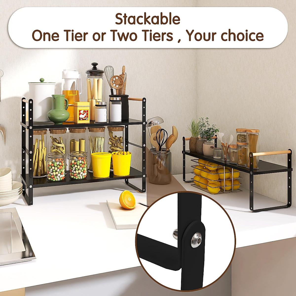 RUILALIFE Expandable Shelf Organizer for Kitchen Countertop，Adjustable Cabinet Shelf Organizers，Stackable Kitchen Counter Shelf Rack，Tiered Risers Shelves for Storage Pantry