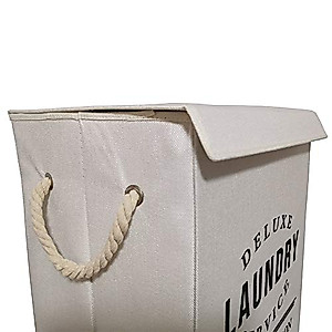 Laundry Hamper with Lid and Rope Handles,Foldable Hamper Easily Transport Laundry Basket,Linen Clothing Storage and Organization for Home Bedroom,Extra Large Capacity Toy Box,(Beige White)