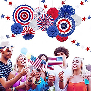 MOVINPE 4th of July Patriotic Party Decorations Set, American Flag Hanging Paper Fans, Paper Flower Balls Pom Poms, 4Pcs Star Streamers Banner Garland Independence Day Party Supplies