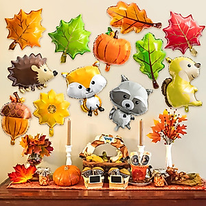 Xqumoi 30Pcs Fall Woodland Animals Foil Balloons Thanksgiving Party Decorations Supplies Forest Creatures Pumpkin Maple Leaves Mylar Helium Balloons for Baby Shower Birthday Autumn Harvest Decor