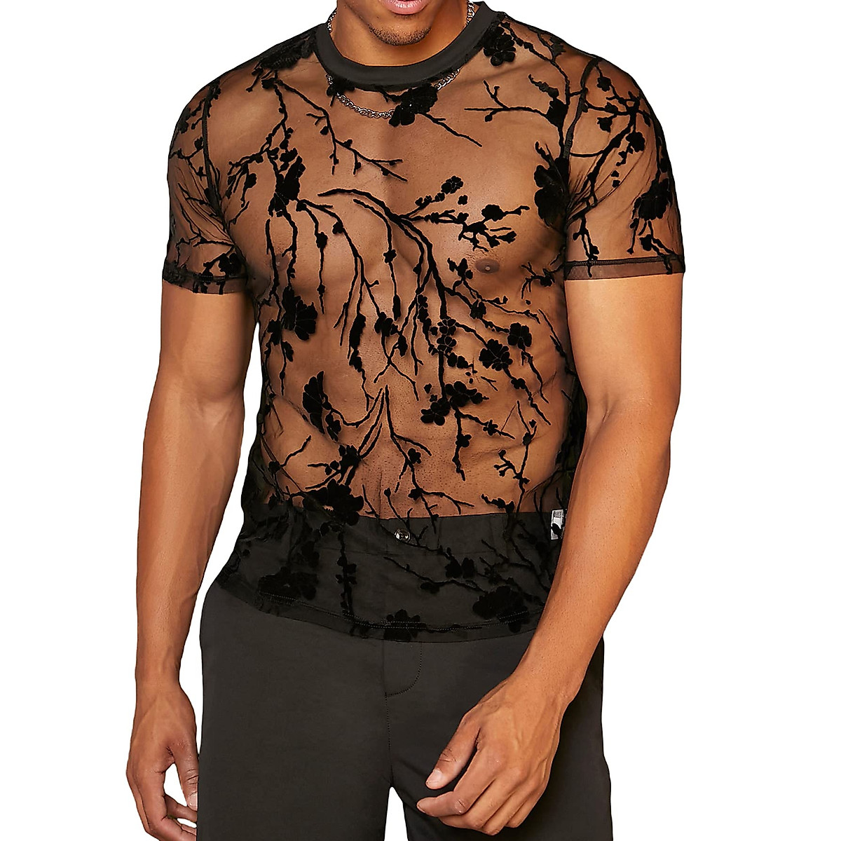 WDIRARA Men's Floral Print See Through Round Neck Short Sleeve Mesh Tshirt Party Top Black XL