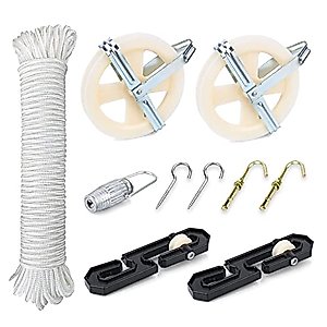 TooTaci Outdoor Clothesline Kit,Clothes Line Pulley Kit,5" Nylon Clothesline Pulley,150ft Polyester Clothes Line Ropes for Outside,Clotheslines S Separator Spreader,Clothesline Tightener,Hooks