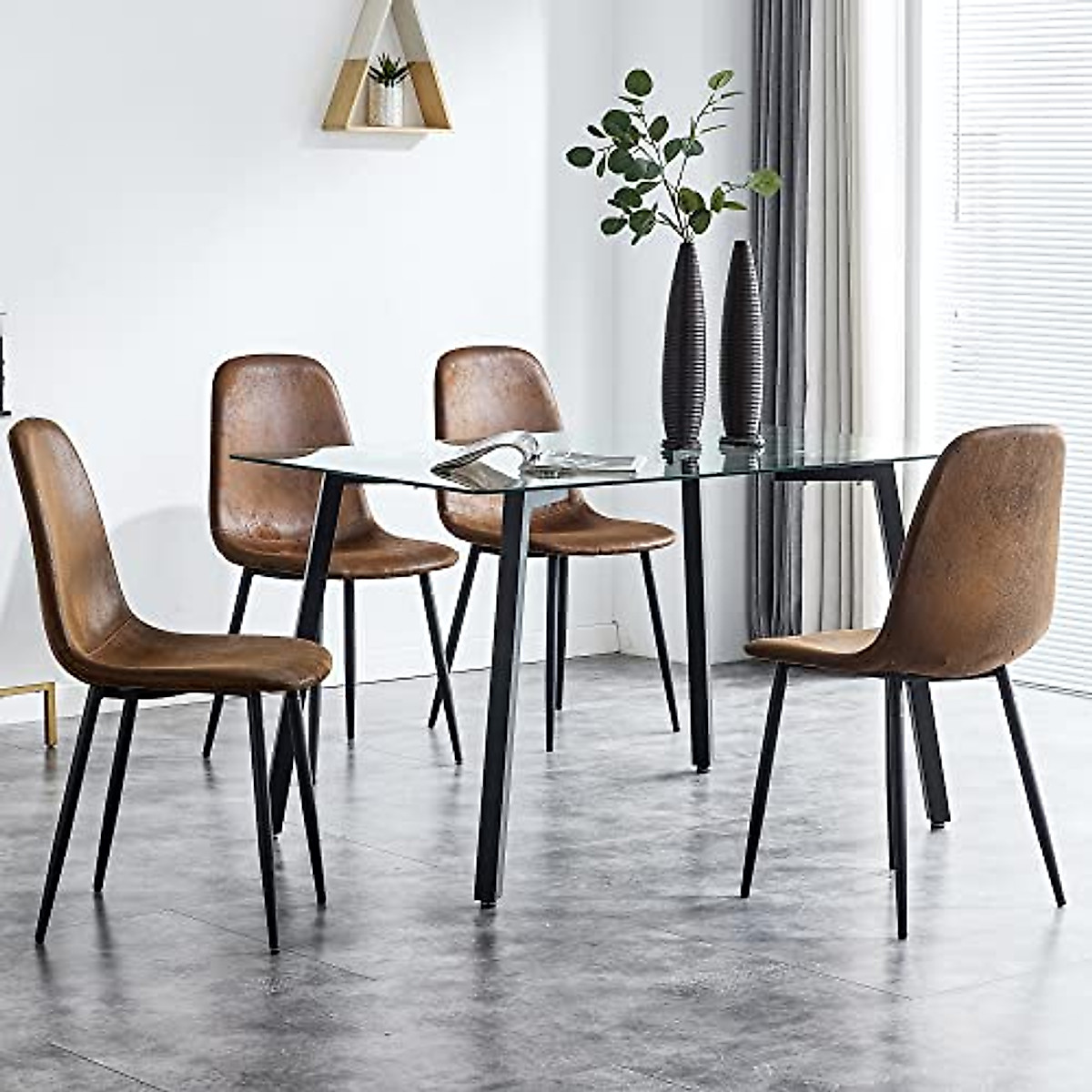 51" Glass Dining Table Set for 4, Small Rectangle Kitchen Room Table with 4 Brown Chairs, Modern Clear Tabletop with Black Metal Legs for Apartment Dining Room Kitchen Living Room