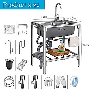 Stainless Steel Sink, 68 * 44cm Kitchen Home Sink, All-in-One Standing Utility Small Wash Basin 1 Compartment Hygienic Robust Sink for Outdoor Indoor Garage Kitchen Laundry