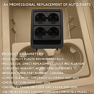 Dasbecan Front Center Console Cup Holder Replacement Compatible with Chevrolet Avalanche 2007-2013 Silverado Suburban Tahoe GMC Sierra Yukon XL 2007-2014 Replaces# 22860866