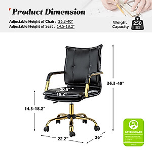 HULALA HOME Faux Leather Home Office Desk Chair, Adjustable Swivel Computer Chair with Golden Legs and Arms, Comfy Upholstered Task Chair, Black